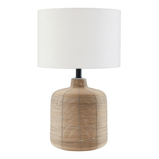 20" Natural Rattan Table Lamp With White Drum Shade - Tropical - Table ...