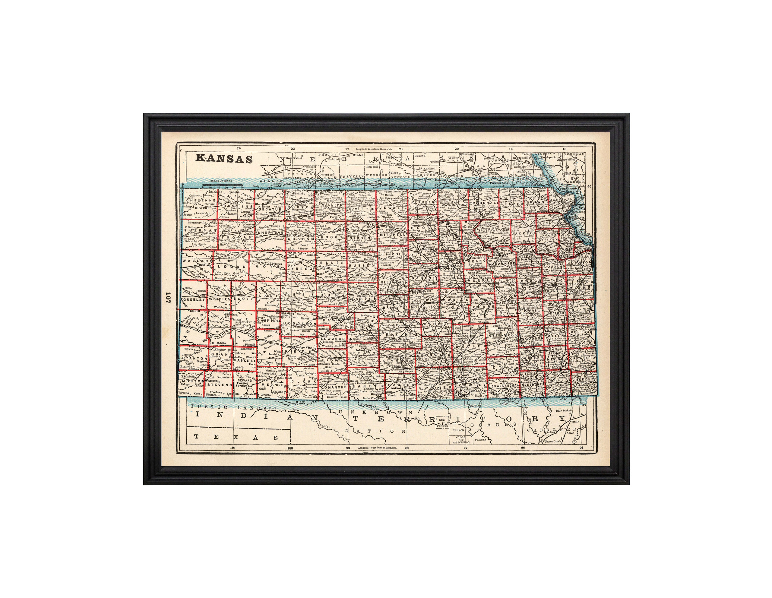 Kansas Map Framed Art 1893, Vintage Kansas Wall Decor, 36x24 ...