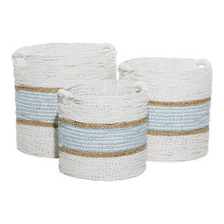 Set of 3 White Wood Coastal Storage Basket, 16", 14", 13" - Beach Style ...