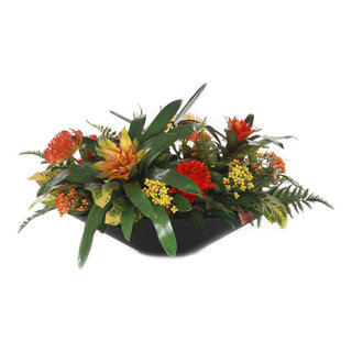 Bromeliad Tropical Flowers Arrangement, Oval Zinc Pot - Modern ...