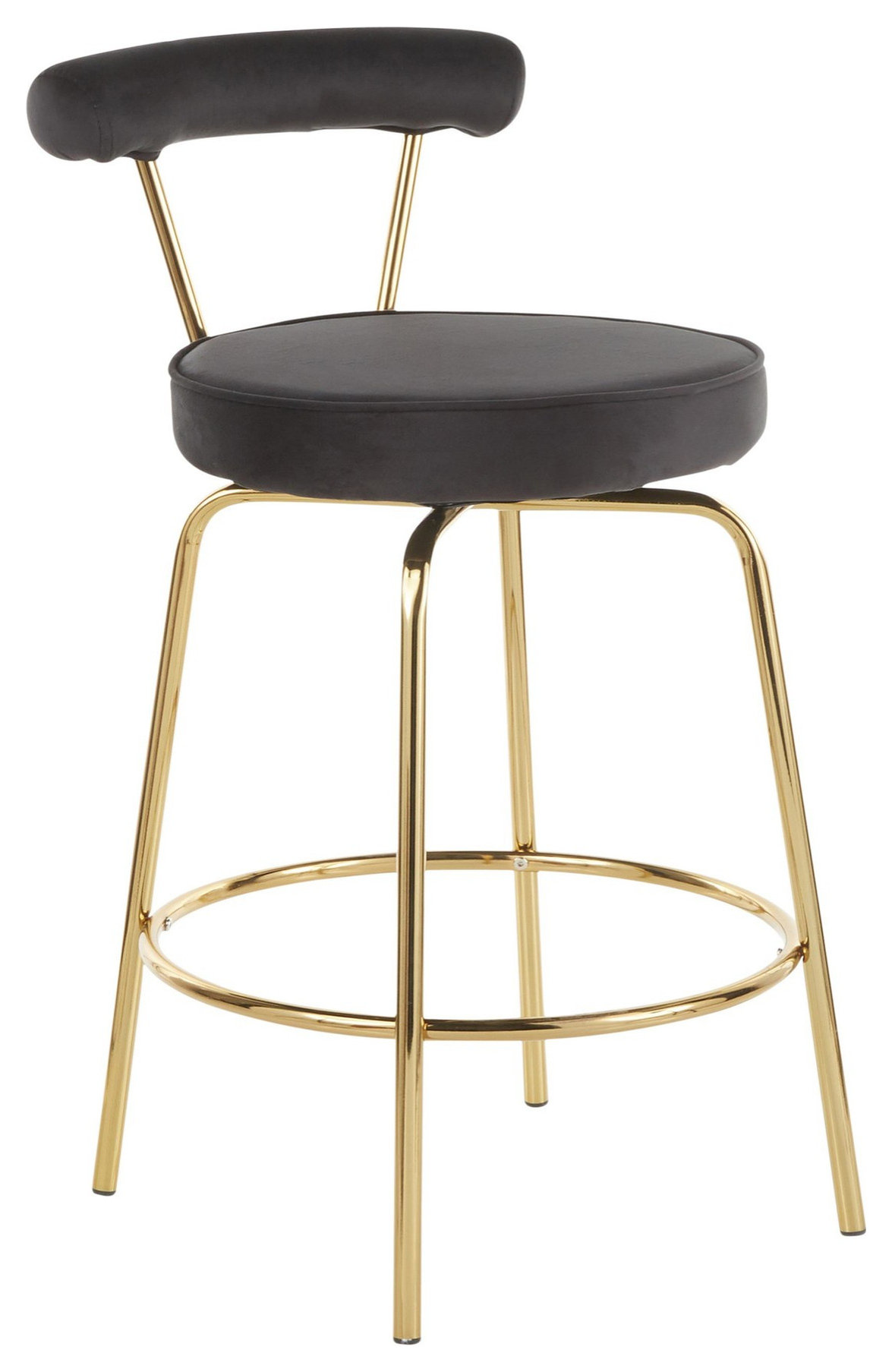 Rhonda Glam Counter Stool, Gold Metal and Black Velvet, Set of 2, 20"L ...
