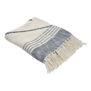 Blue and Off White Woven Cotton Striped Throw Blanket - Scandinavian ...