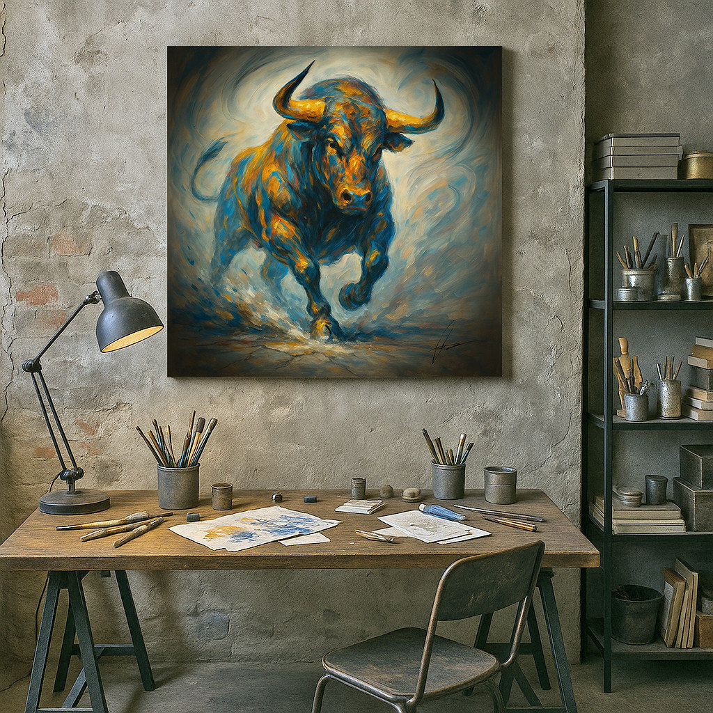 Golden Bull in Motion – Hand-Painted Canvas Art - Beach Style ...