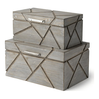 Set of Two Gray Wooden Boxes With Carved Details - Farmhouse ...