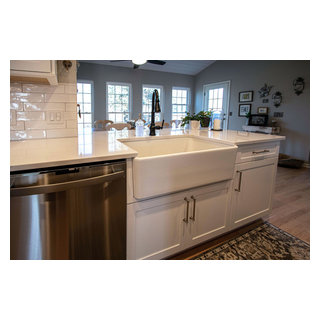 Siteline White Kitchen with Gray Island and Calacatta Miraggio Quartz ...