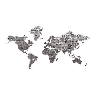 1-World Text Map Wall Decal - Black on White, 166" x 89" - Modern ...