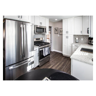 White and Gray Compact Kitchen with LVT Flooring - Transitional ...