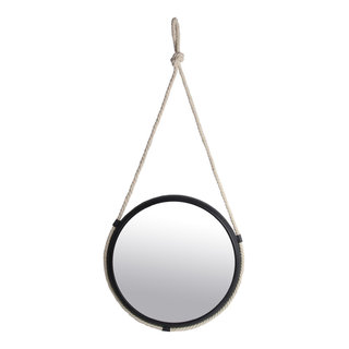 Metal Encased Round Wall Mirror with Braided Rope, Large, Black and ...