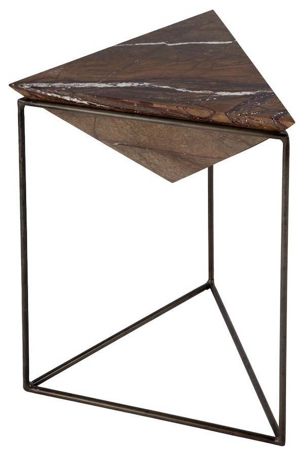 Addis 16.5 in. W Triangular Marble and Iron Pyramid Side Table, Brown ...