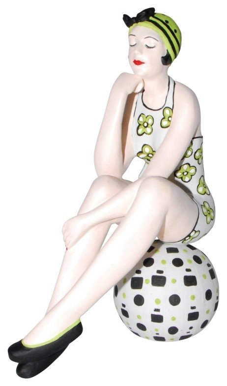 Retro Bathing Beauty Figurine, Swim Suit Beach Ball Lime Green White ...