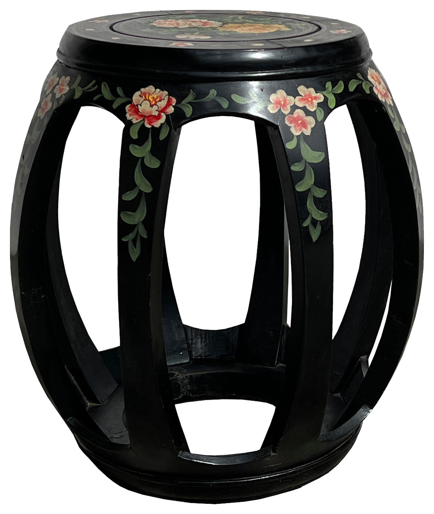 Chinese Black Color Flower Graphic Round Barrel Shape Wood Stool ...