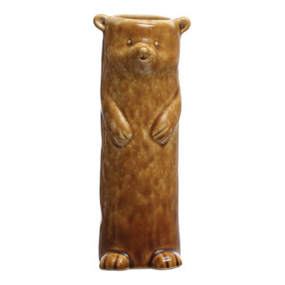 7 Inches Stoneware Bear Vase With Reactive Crackle Glaze, Brown ...