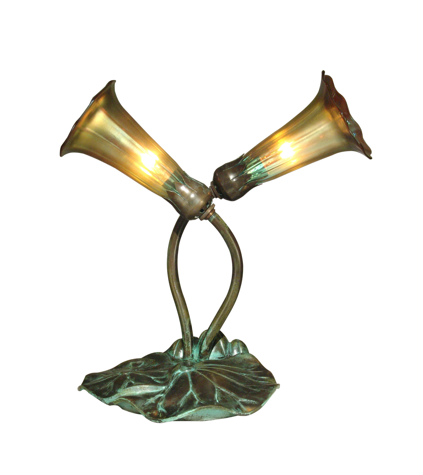 11.5" 2-Light Accent Lamp, Antique Bronze/Verde, Gold Lily Glass ...