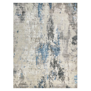 Cosmo Hand-Knotted Wool and Bamboo Silk Silver/Blue/Ivory Area Rug, 14 ...