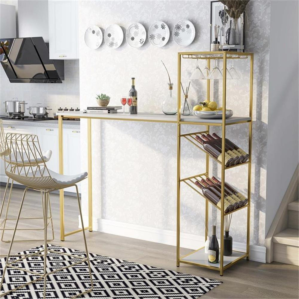 Bowery Hill Contemporary Metal Bar Table with Wine Shelf in Gold ...