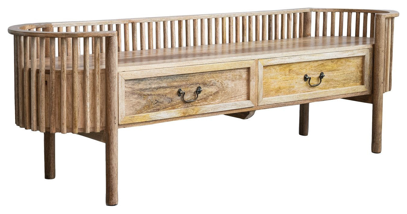Mango Wood Slatted Bench With 2 Drawers and Metal Pulls, Natural and ...