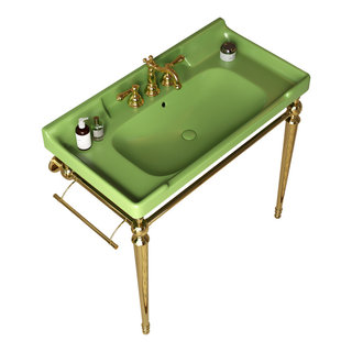 Wall-Mounted Green Ceramic Vanity Basin with Stainless Steel Support ...