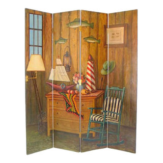 Wooden 4 Panel Room Divider With Sea And Marine Life Theme, Multicolor ...
