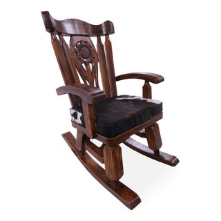 Wooden Rocking Chair Handcarved Back Removable Hair-On Cowhide Pillow ...