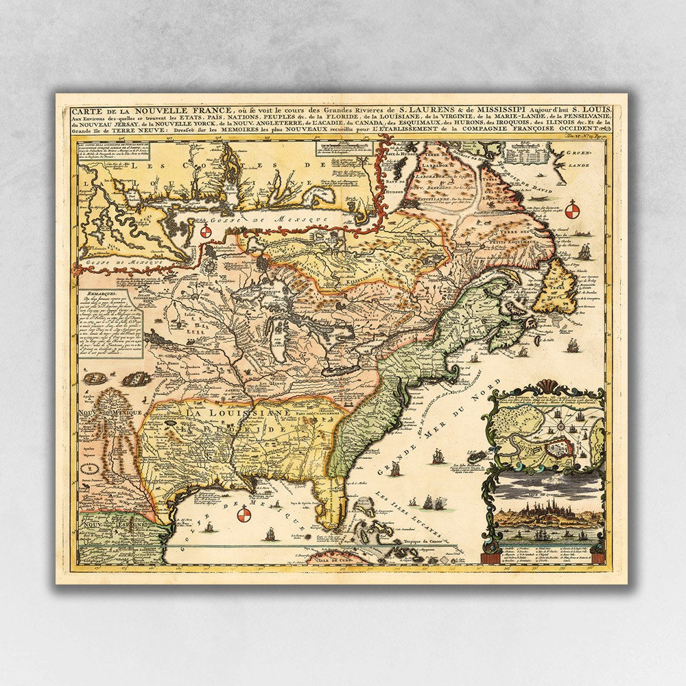Vintage 1718 Map Of New France Unframed Print Wall Art - Contemporary ...