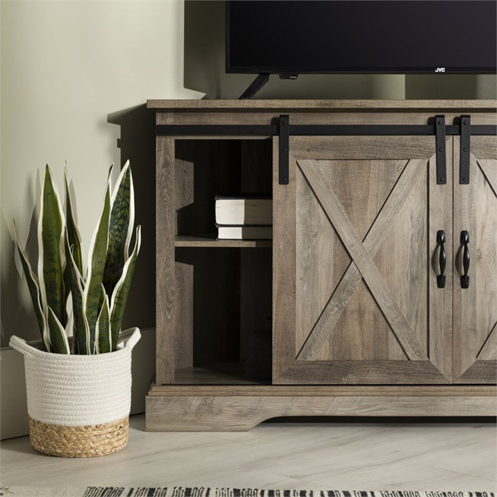 Pemberly Row Farmhouse Wood Corner TV Stand for TVs up to 52" in Gray ...