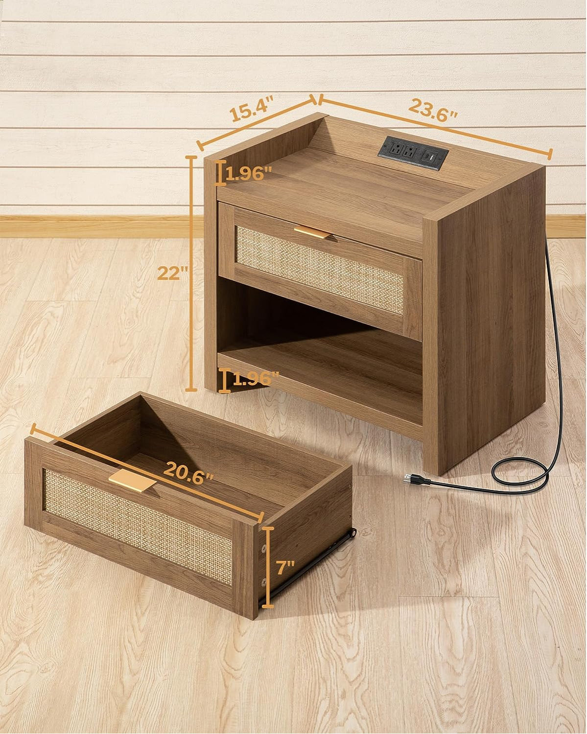Set of 2 Nightstand, Charging Station & Drawer With Rattan Front ...