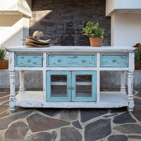70" Blue and White Solid Wood Open shelving Distressed TV Stand ...