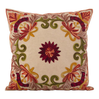 Embroidered Floral Design Cotton Throw Pillow, 18" - Eclectic ...