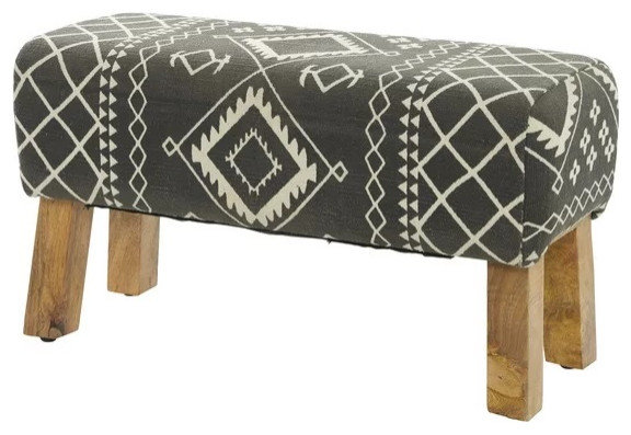 Black Tribal Upholstered Bench with Mango Wood Frame and Padded Seat ...