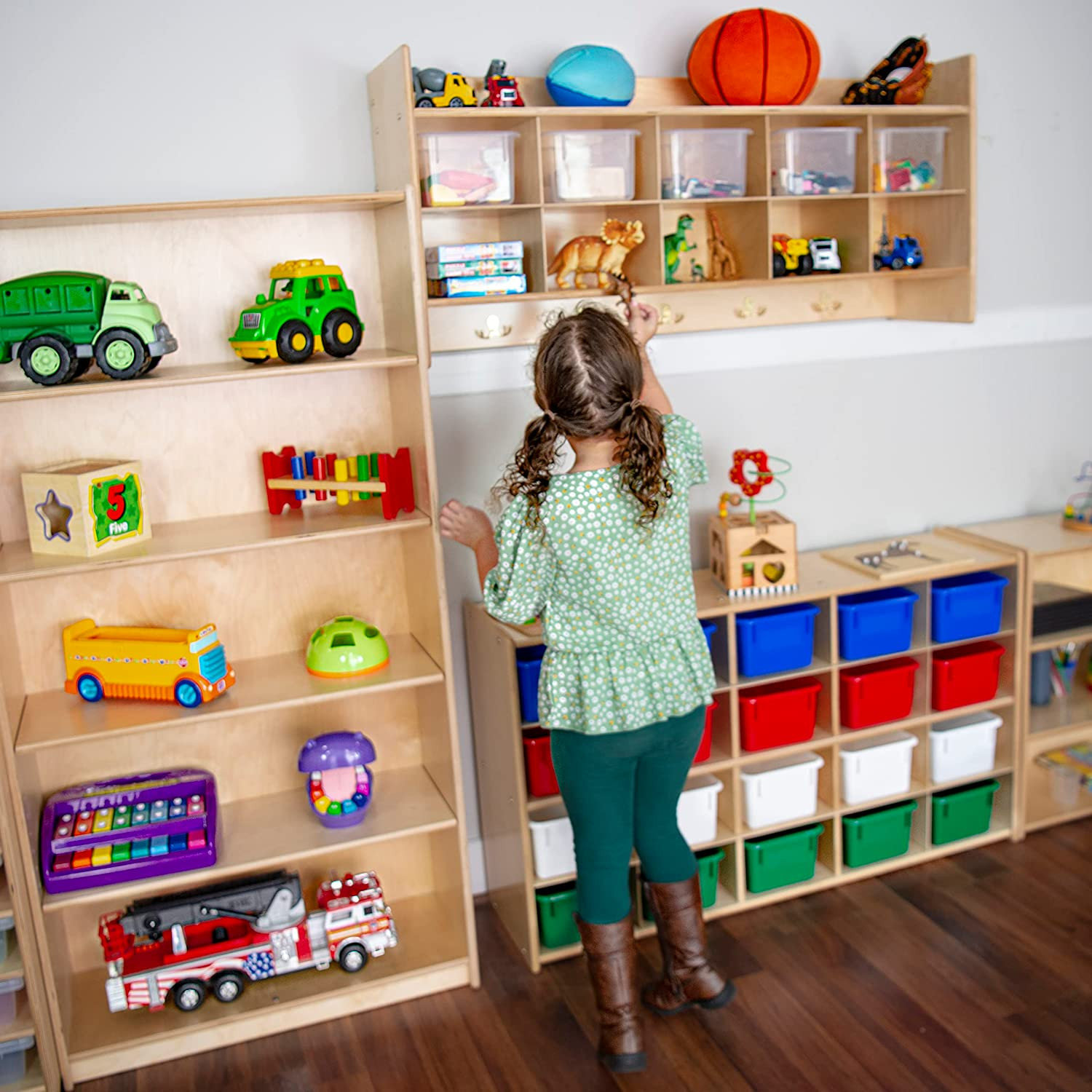 10 Section Wood Cubbies Storage, Yellow Bins, Wall Hanging Organizers ...