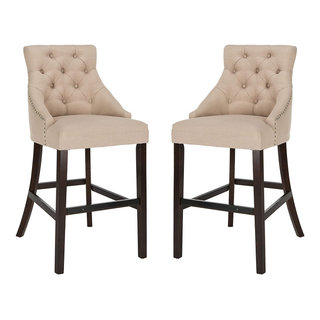Set of 2 Bar Stool, Button Tufted Back With Sloped Arms and Nailhead ...