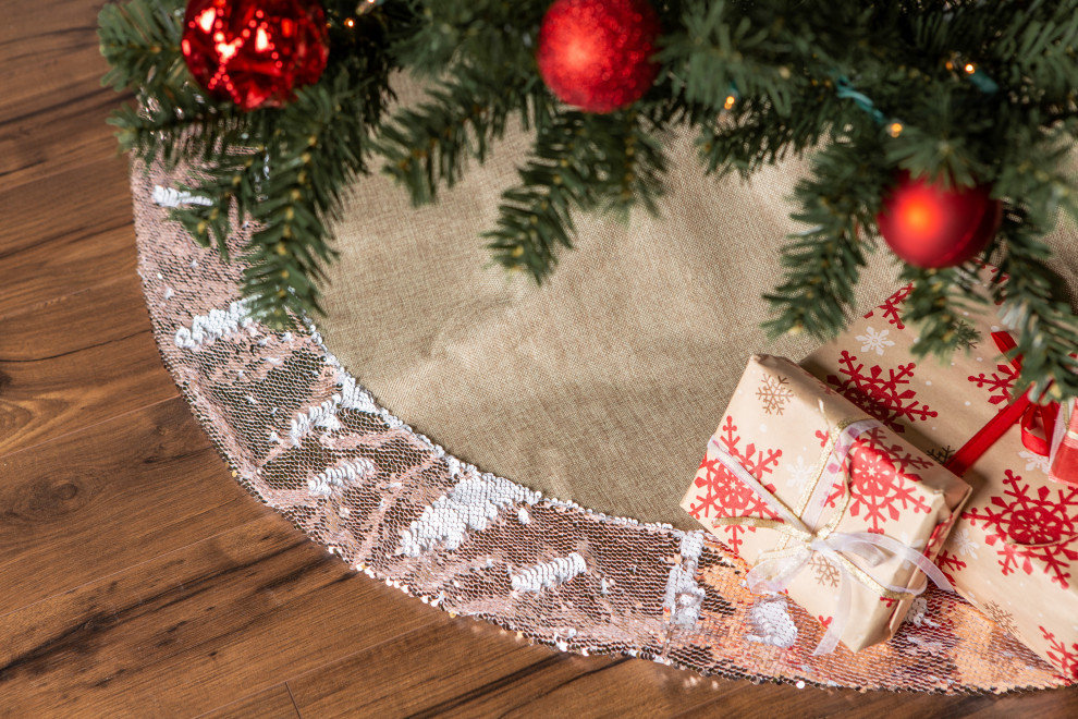 Holiday Tree Skirt Linen With Champagne Sequin Border - Modern ...