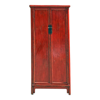 Chinese Oriental Distressed Red Lacquer Slim Storage Cabinet Hcs6106 ...