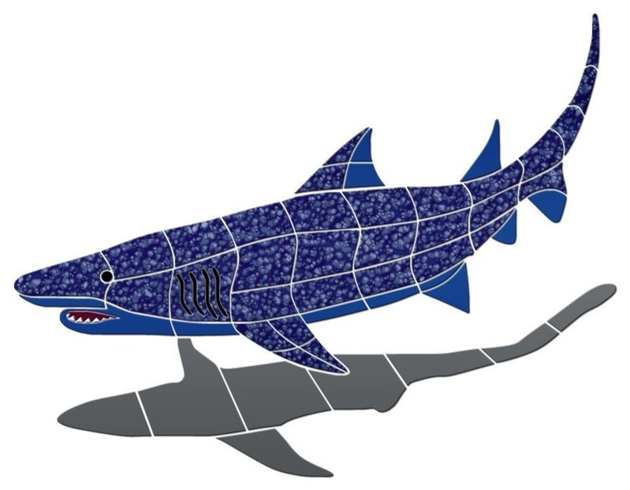Shark 1 Ceramic Swimming Pool Mosaic, 36"x22" with shadow - Beach Style ...
