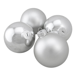 4ct Shiny and Matte Silver Glass Ball Christmas Ornaments 4" (100mm ...
