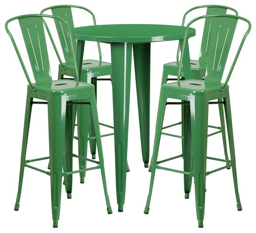 30" Round Green Metal Indoor-Outdoor Bar Table Set With 4 Cafe ...