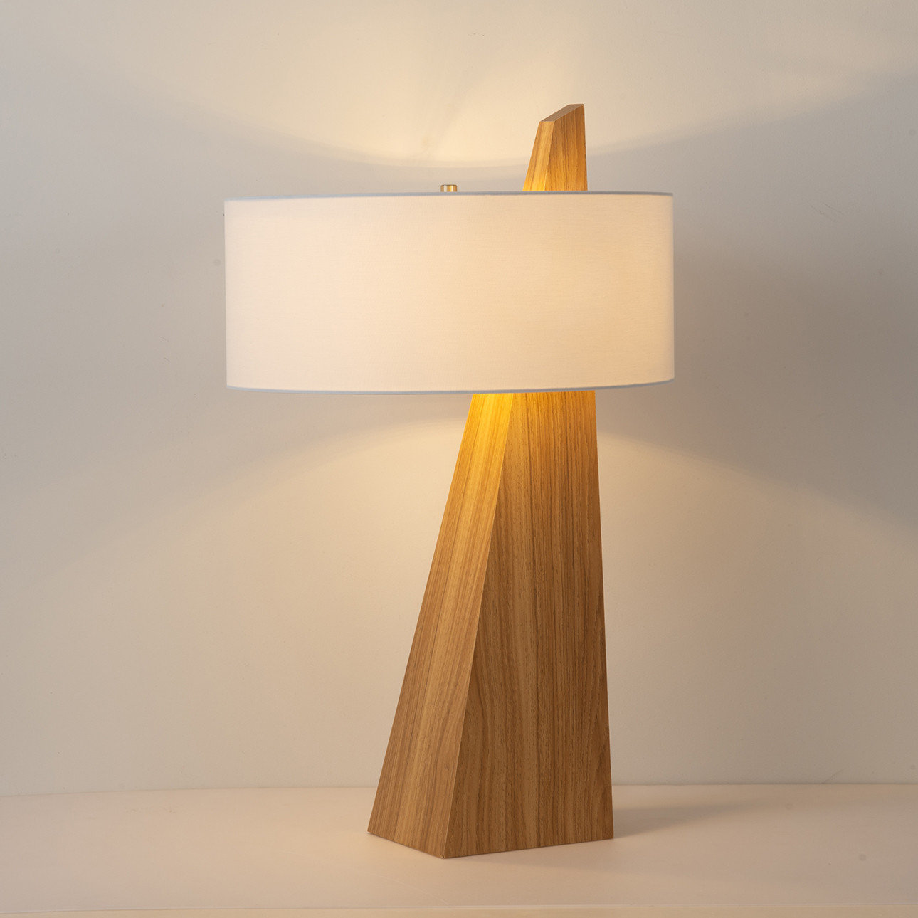 Obelisk Table Lamp - Natural Ash Wood Finish, White Cotton-Linen Shade ...