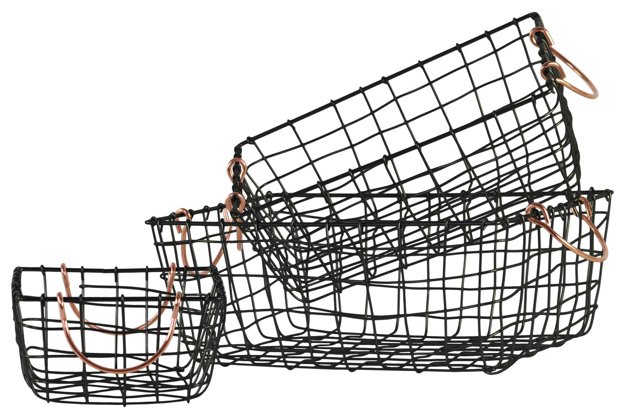 Metal Rectangle Wire Mesh Basket With Copper Handles, Set of 3, Black ...