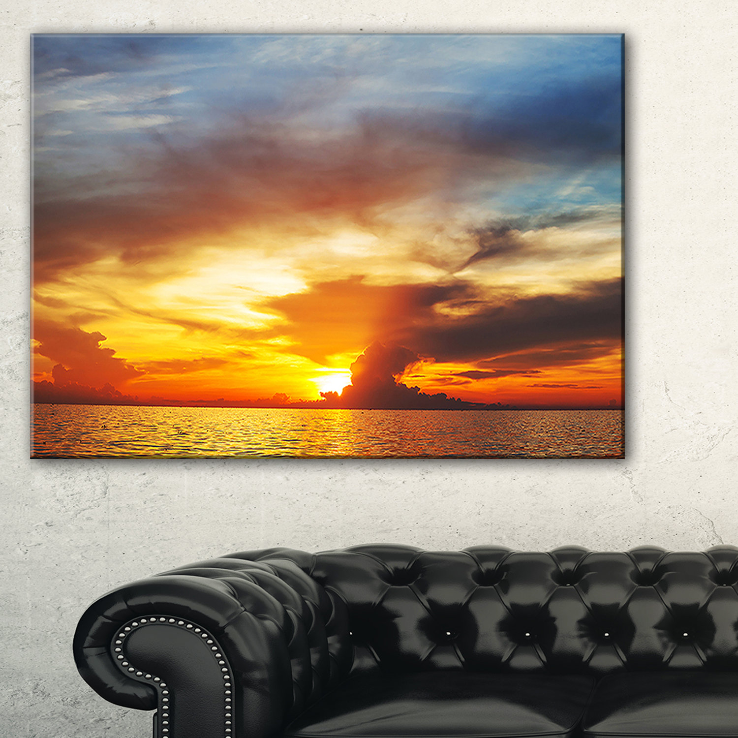 "Fiery Sky At Sunset Over Sea" Modern Seashore Canvas Art, 32"x16 ...