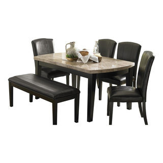6-Piece Cybart Casual Dining Set Marble Table, 4 Chair, Bench, Black ...
