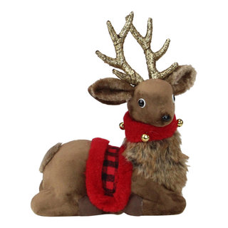 10.5" Sitting Reindeer With Buffalo Plaid Saddle Christmas Figure ...