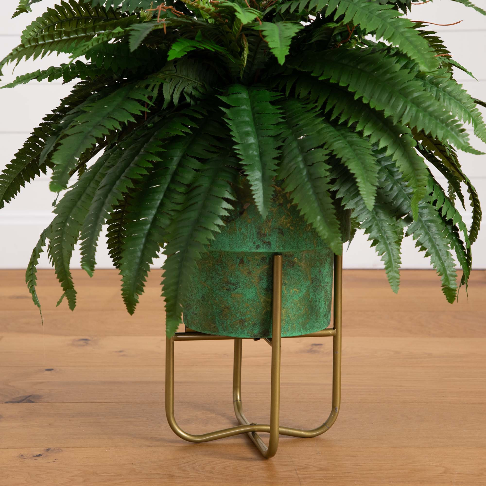 31in. Artificial Boston Fern, Patina Metal Planter With Stand ...