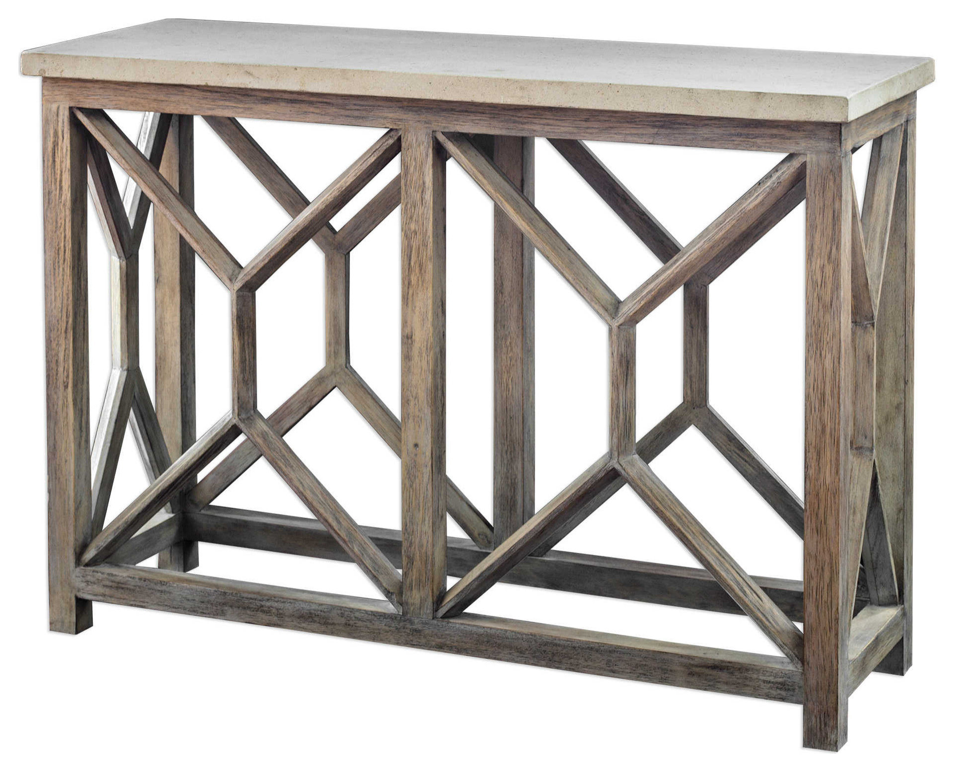 Open Light Weathered Wood Console Table, Stone Top X Natural ...