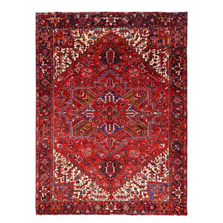 Cardinals Red Pure Wool Hand Knotted Semi Antique Persian Heriz Rug 9'4 ...