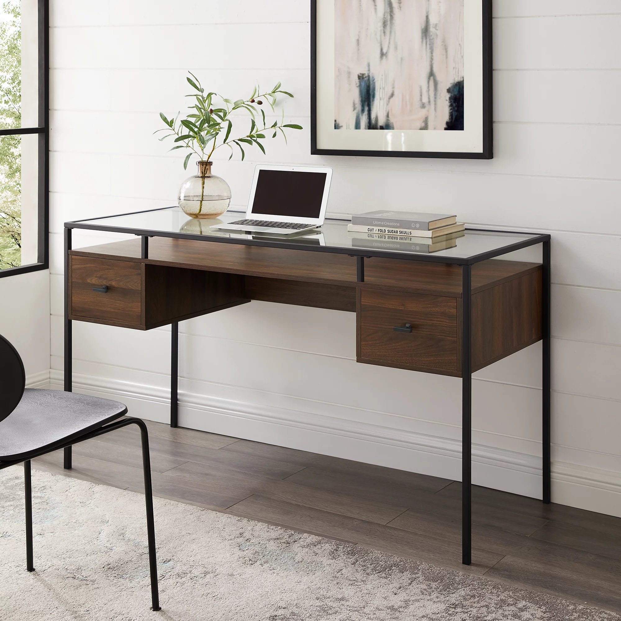 Executive Writing Desk with Glass Surface, Metal Frame and Storage ...