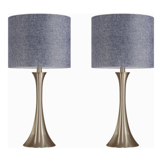 24" Gold Plated Table Lamps with Blue Sparkly Linen Shades, Set of 2 ...