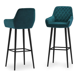 Set of 2 Bar Stools with Diamond Tufted Back and Black Metal Legs ...