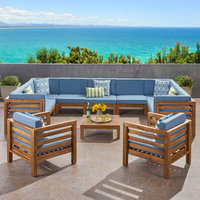 Emma Outdoor 11 Seater Acacia Wood Sectional Sofa and Club Chair Set ...
