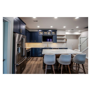 Basement Kitchenette with Navy Cabinets and Verde Peak Quartz ...