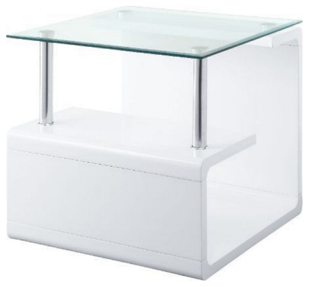 24 Inch Square Accent End Table, Glass Top, Open Shelf, White, Chrome ...